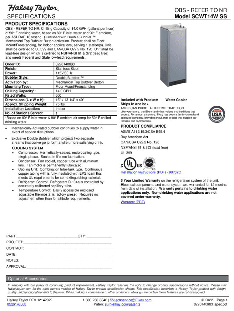 Fillable Online SPECIFICATIONS OBS - REFER TO NR Model SCWT14W SS Fax Email Print - pdfFiller