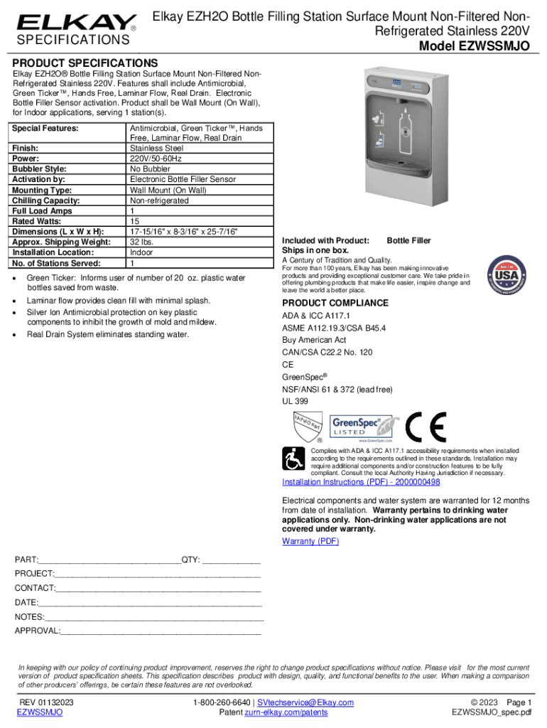 Fillable Online Elkay EZWSSM EZH2O Bottle Filling Station, Surface ... Fax Email Print - pdfFiller