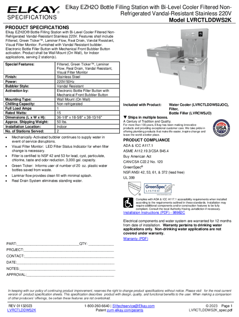 Fillable Online Elkay EZH2O Bottle Filling Station with Bi-Level Cooler Filtered NonRefrigerated ...