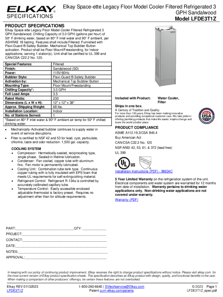 Fillable Online SPECIFICATIONS Elkay Space-ette Legacy Floor Model ...