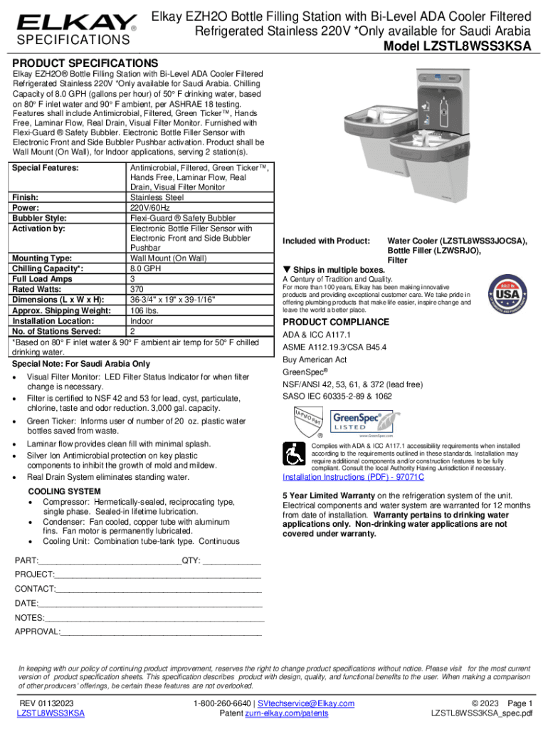 Fillable Online Elkay EZH2O Bottle Filling Station with Bi-Level ADA Cooler Filtered Fax Email ...
