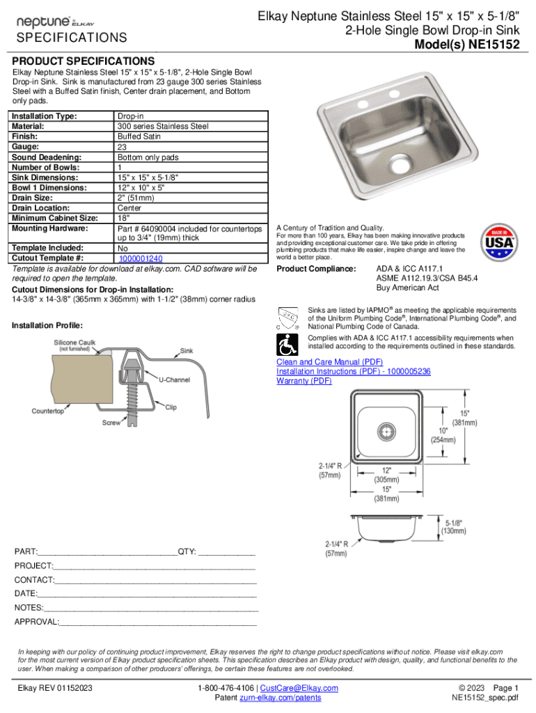 Fillable Online Elkay Neptune All-in-One Drop-In Stainless Steel 15 in ...