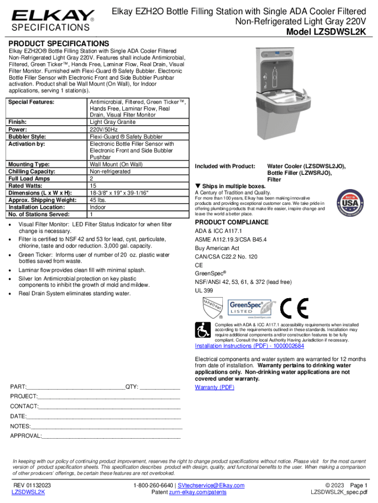 Fillable Online Elkay EZH2O Bottle Filling Station with Single ADA Cooler Filtered Fax Email ...