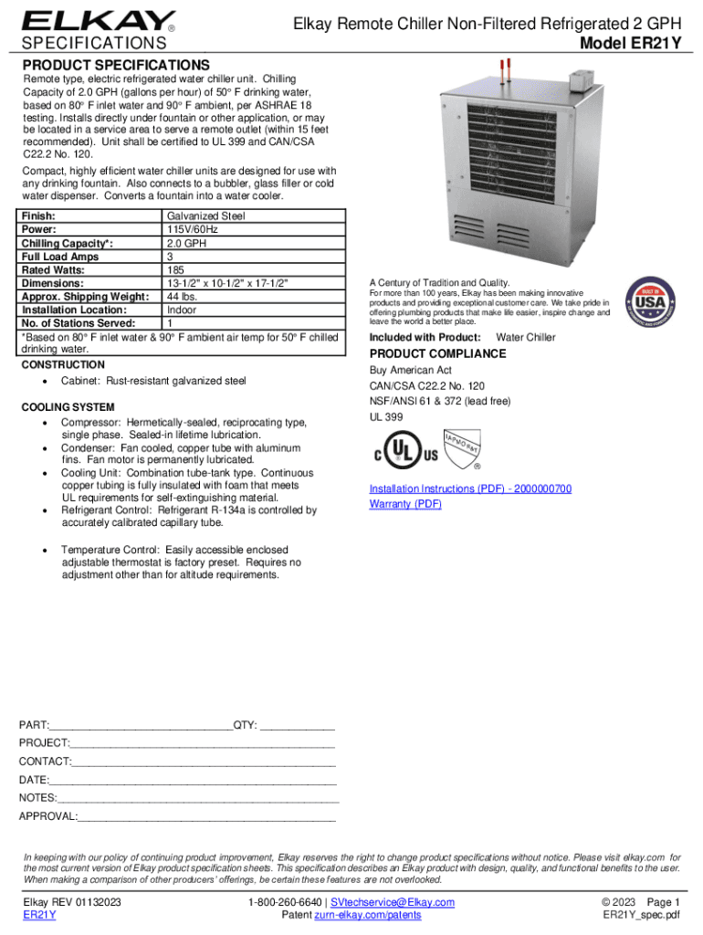 Fillable Online Elkay Remote Chiller Non-Filtered Refrigerated 2 GPH ...