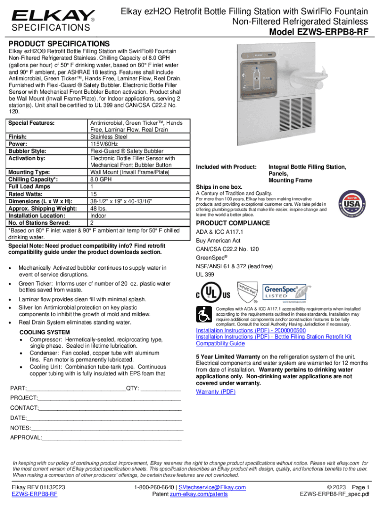 Fillable Online SPECIFICATIONS Elkay ezH2O Retrofit Bottle Filling Station ... Fax Email Print ...