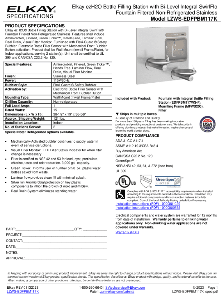 Fillable Online Elkay LZWS-EDFPBM117K Bottle Filling Station - F.W ...