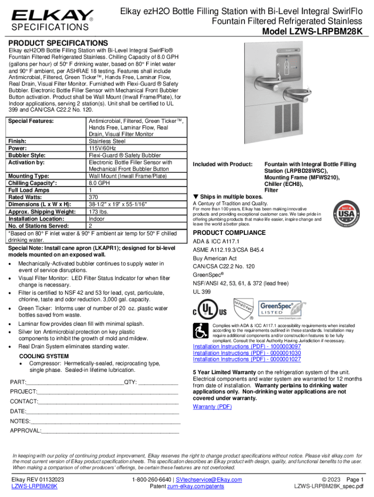 Fillable Online Elkay ezH2O Bottle Filling Station with Bi-Level Integral SwirlFlo Fax Email ...