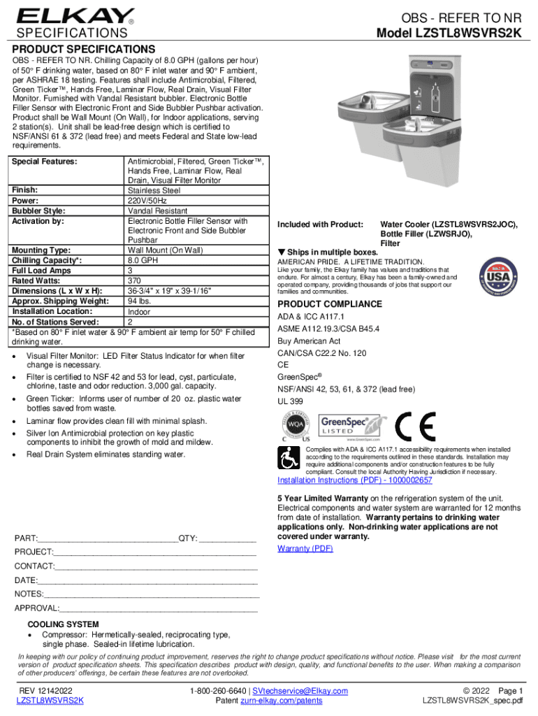 Fillable Online Elkay ezH2O Bottle Filling Station with Single ADA Vandal- ... Fax Email Print ...