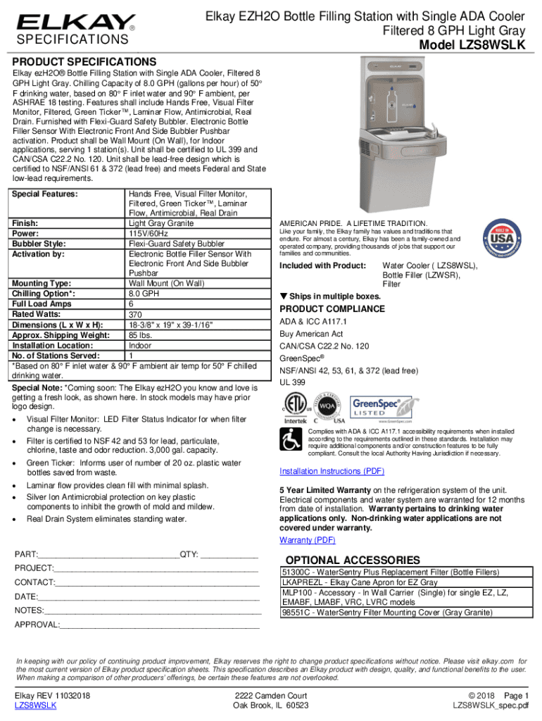 Fillable Online Elkay EZS8WSLK Bottle Filling Station Single ADA Cooler Fax Email Print - pdfFiller