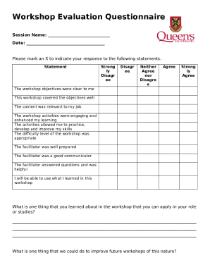SAMPLE WORKSHOP EVALUATION QUESTIONNAIRE ... Doc Template | pdfFiller