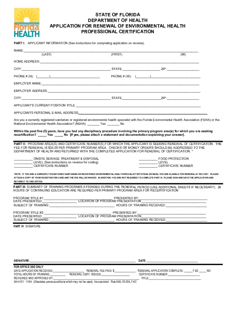 Fillable Online state of florida department of health application for ...