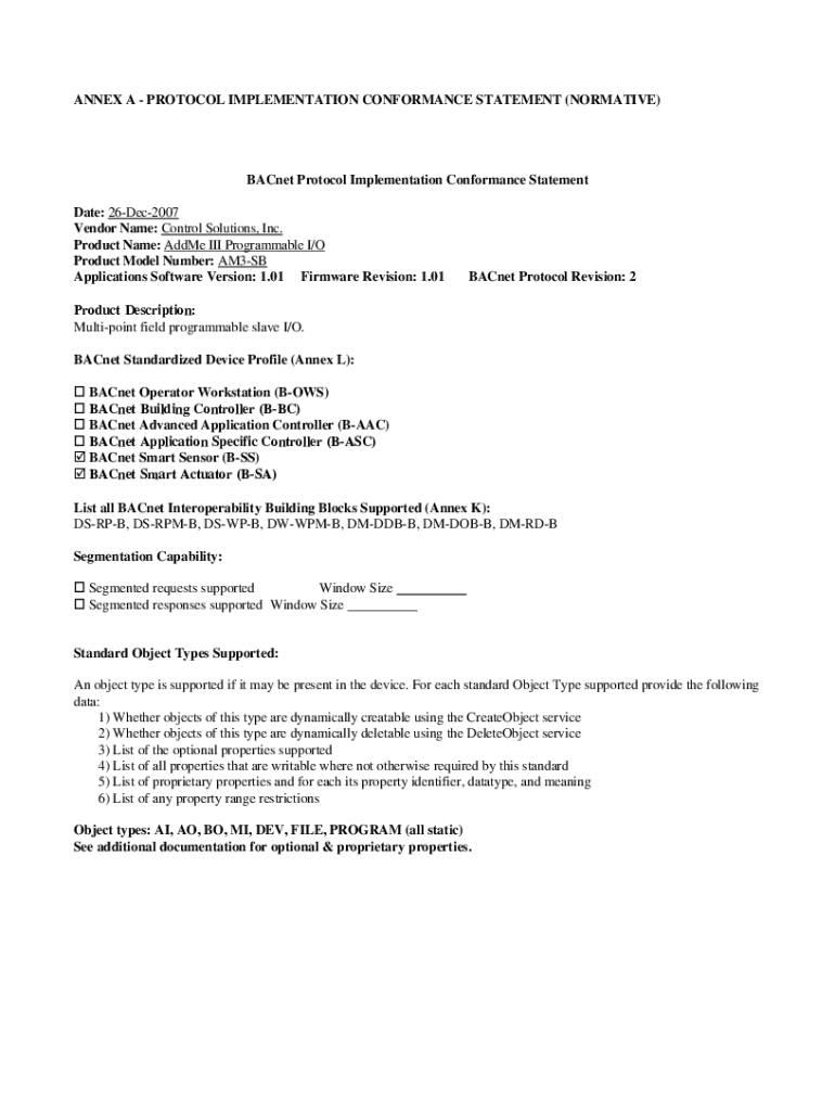 Fillable Online BACnet Protocol Implementation Conformance ... - Sontex SA Fax Email Print ...