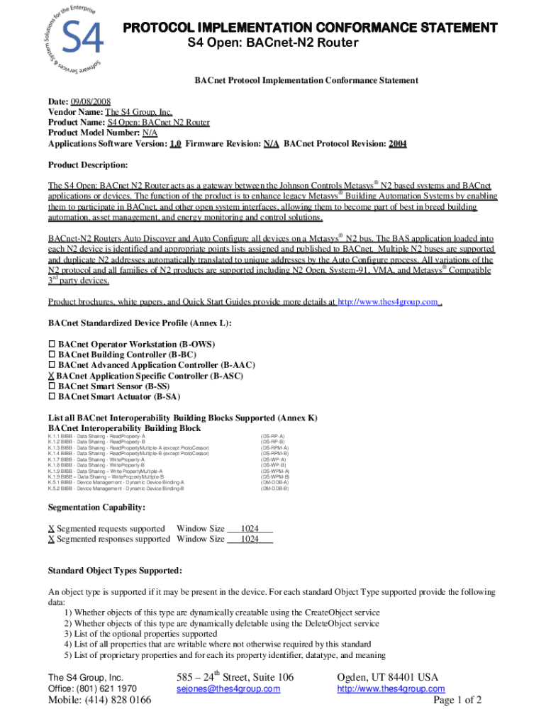 Fillable Online BACnet Protocol Implementation Conformance Statement - PDF ... Fax Email Print ...