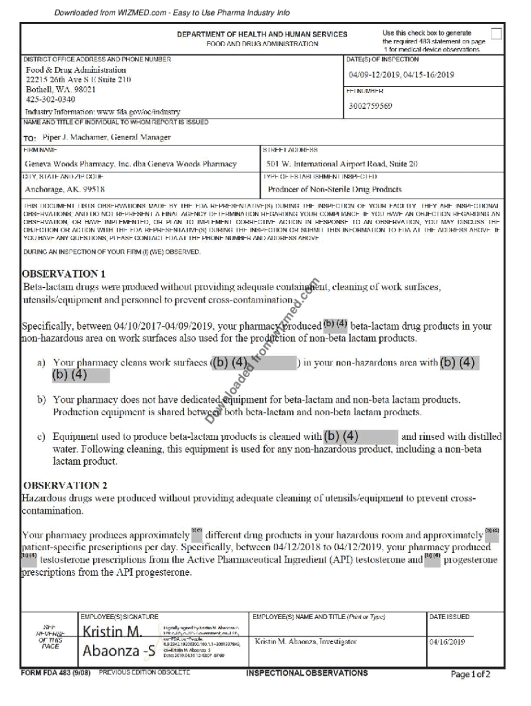 Fillable Online FDA Inspection Observations Form 483 (May / June 2015 ...