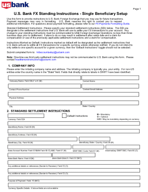 Fillable Online U.S. Bank FX Standing Instructions - Single Beneficiary ...