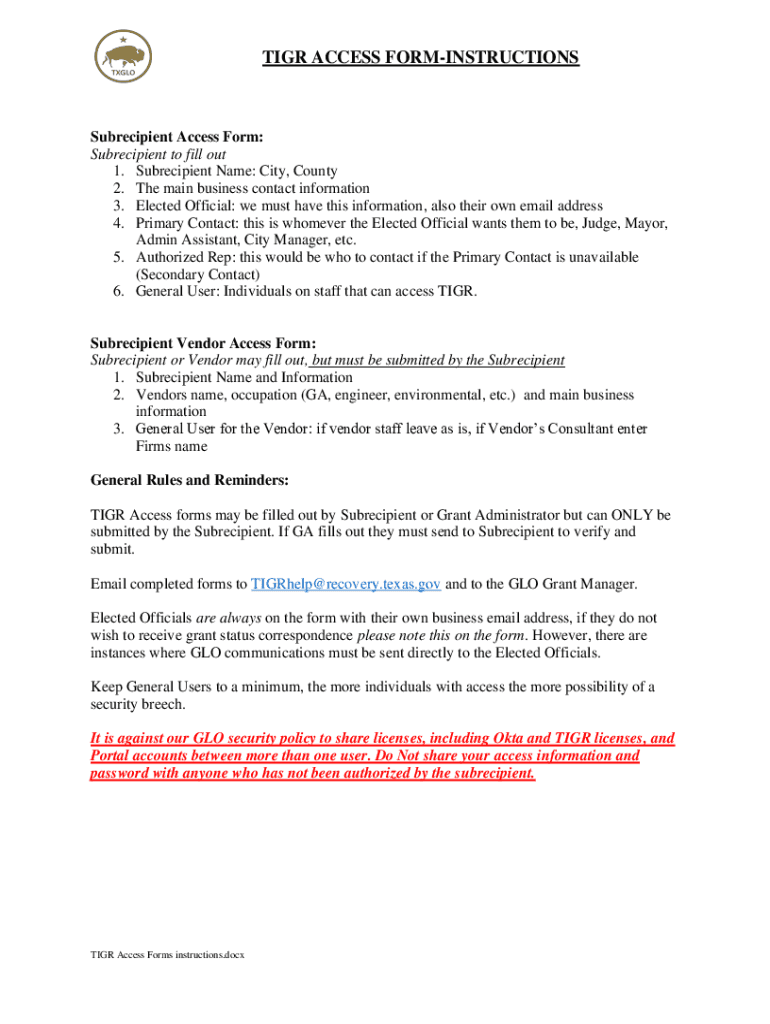 Fillable Online TIGR Access Form-Instructions Recovery Texas Fax Email ...