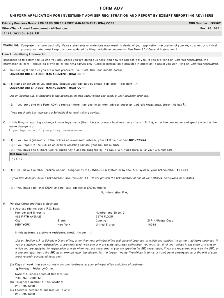 Fillable Online LOMBARD ODIER ASSET MANAGEMENT (USA) CORP Fax Email ...