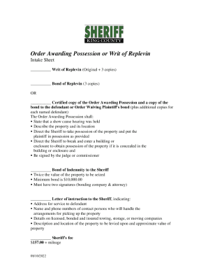 Fillable Online Writ of Replevin or Order Awarding Possession Intake ...