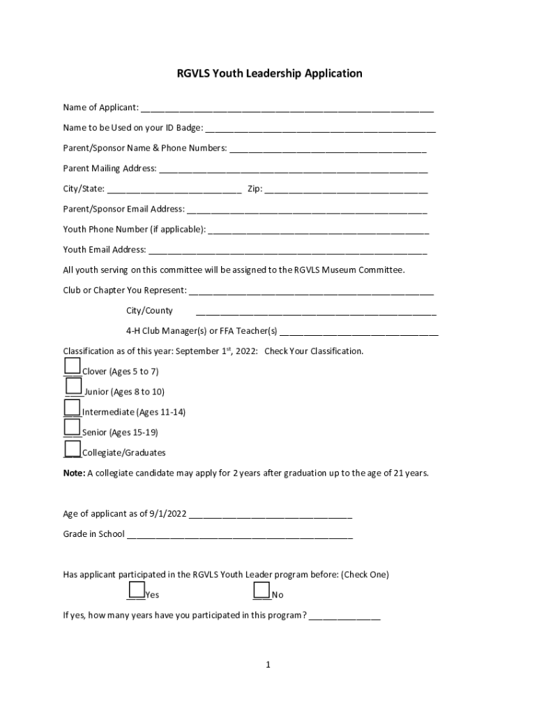 Fillable Online RGVLS Youth Leadership Application Fax Email Print - pdfFiller
