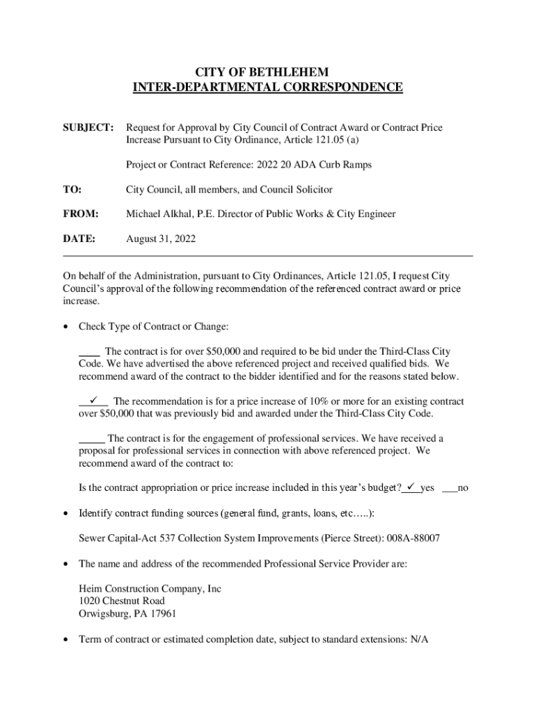 Fillable Online Blank City Council Contract Approval ... - Bethlehem PA ...