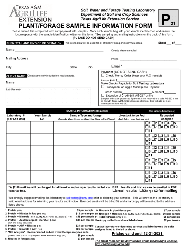 Fillable Online PLANT/FORAGE SAMPLE INFORMATION FORM - Soil, Water ...