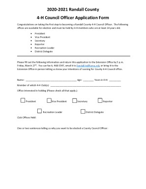 Fillable Online 2020-2021 Randall County 4-H Council Officer ...
