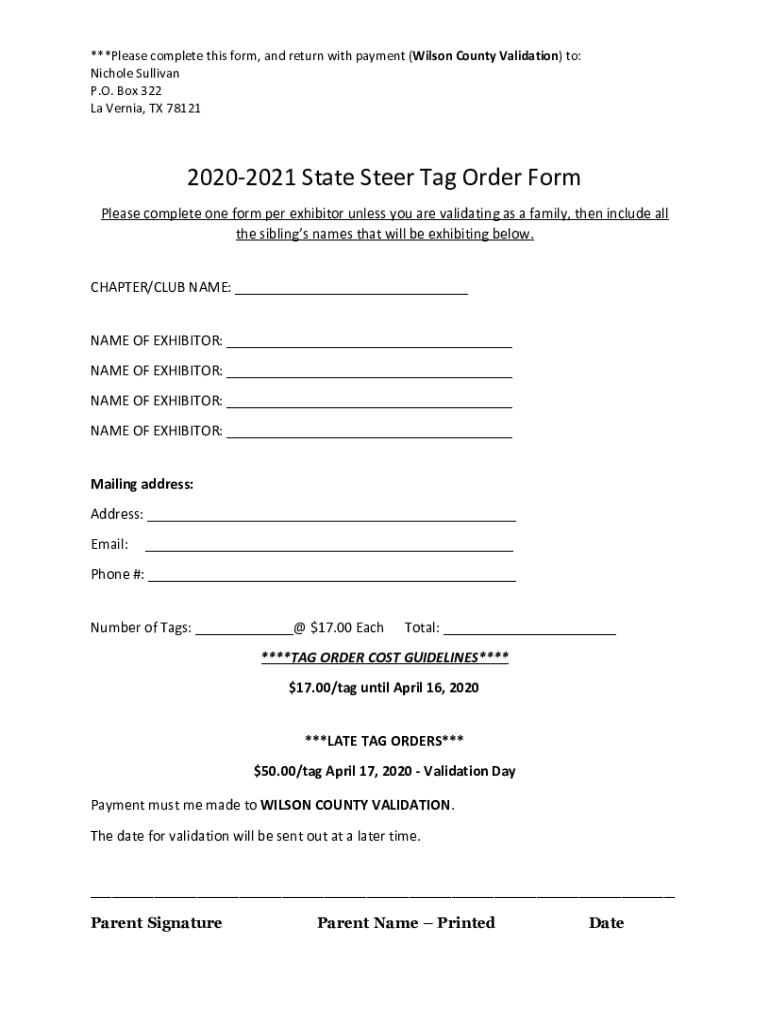 Fillable Online 2020-2021 State Steer Tag Order Form Fax Email Print ...