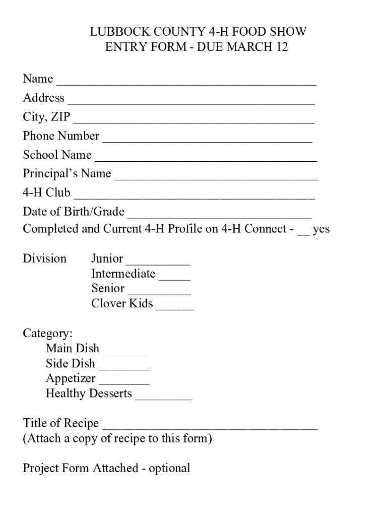 Fillable Online Lubbock County 4-H Food Show Entry Form Fax Email Print ...