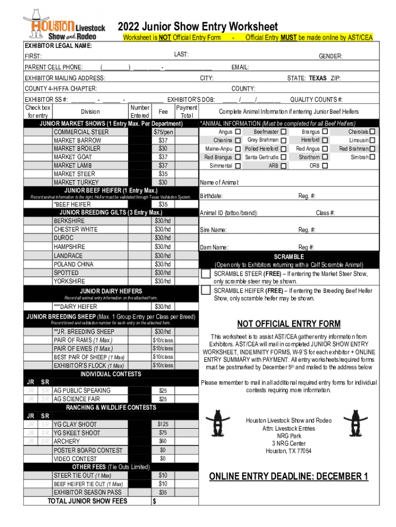 Fillable Online 2022 Junior Show Entry WORKSHEET Fax Email Print ...