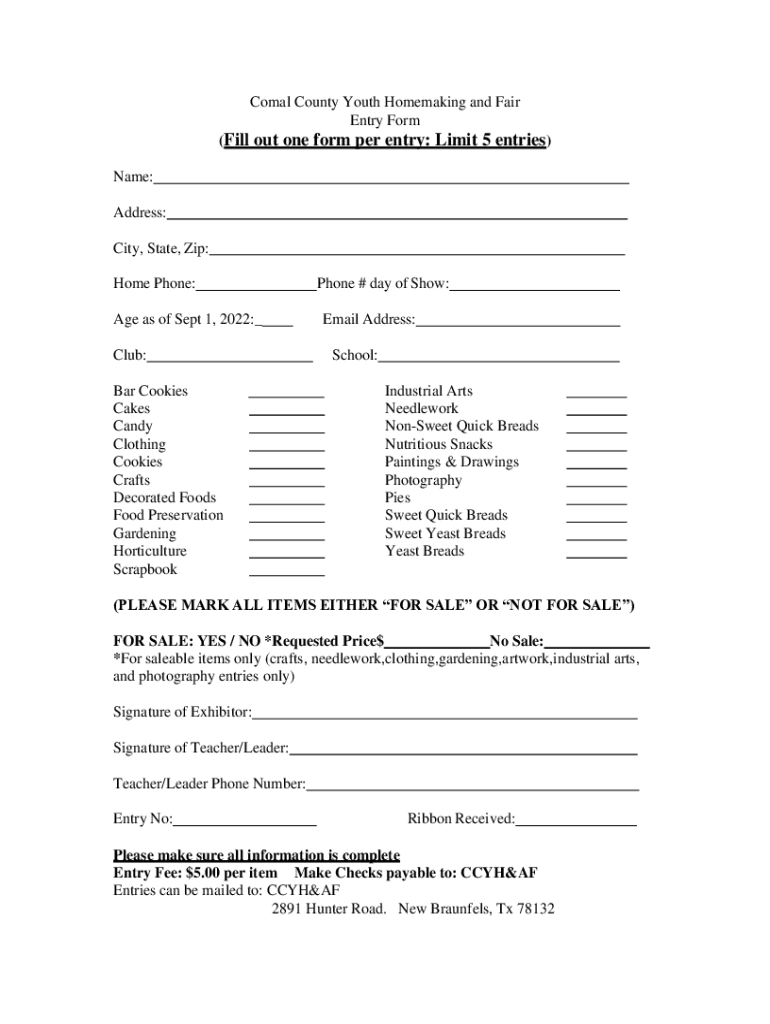 Fillable Online Comal County Youth Homemaking and Art Fair - Facebook ...