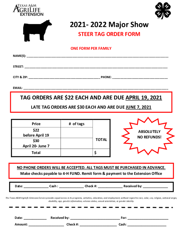Fillable Online 2021- 2022 Major Show - STEER TAG ORDER FORM - Texas A ...