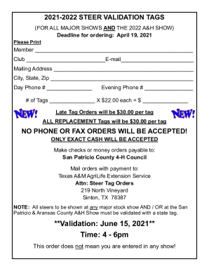 Fillable Online 2021-2022 Steer Validation Tag Order Form Fax Email ...