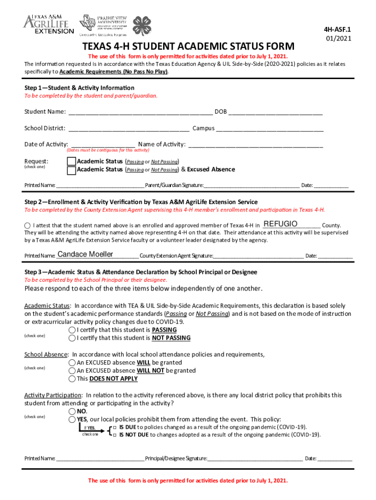 Fillable Online TEXAS 4-H STUDENT ACADEMIC STATUS FORM Fax Email Print ...