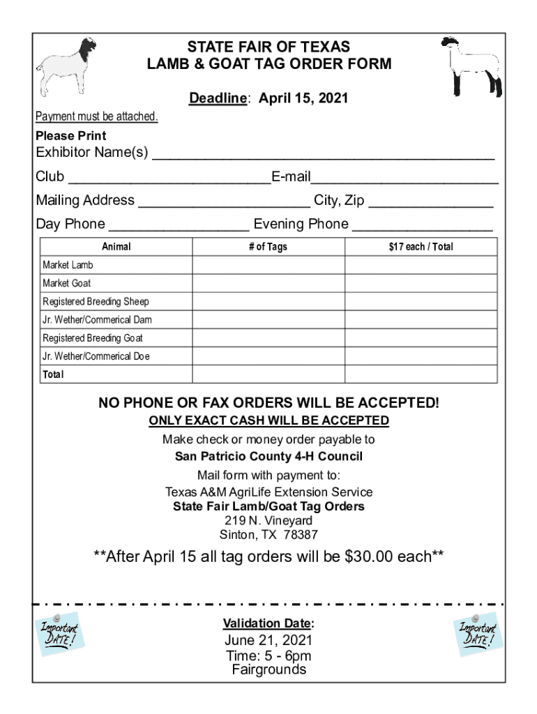 Fillable Online STATE FAIR OF TEXAS LAMB & GOAT TAG ORDER FORM Fax ...