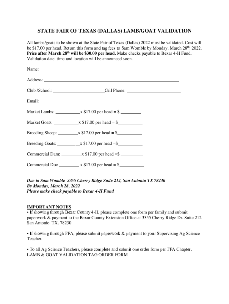 Fillable Online State Fair Of Texas Goat And Lamb Validation Tag Orders ...