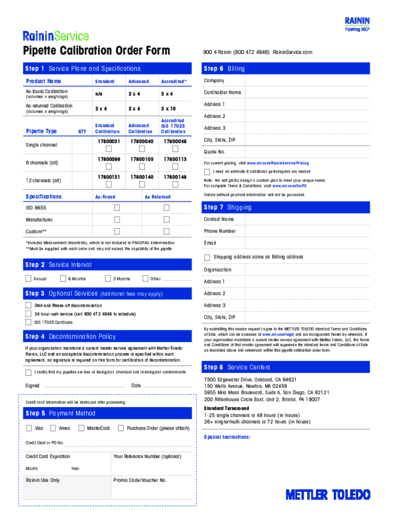 Fillable Online Pipette Calibration Order Form - Mettler Toledo Fax ...