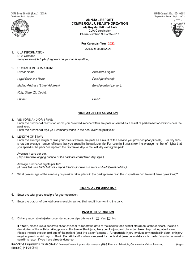 Fillable Online Annual Report Commercial Use Authorization. NPS Form 10 ...