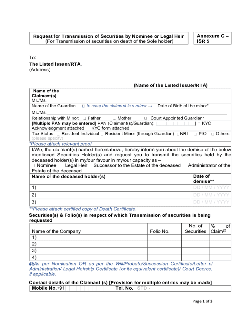 Fillable Online Request for Transmission of Securities by Nominee or ...