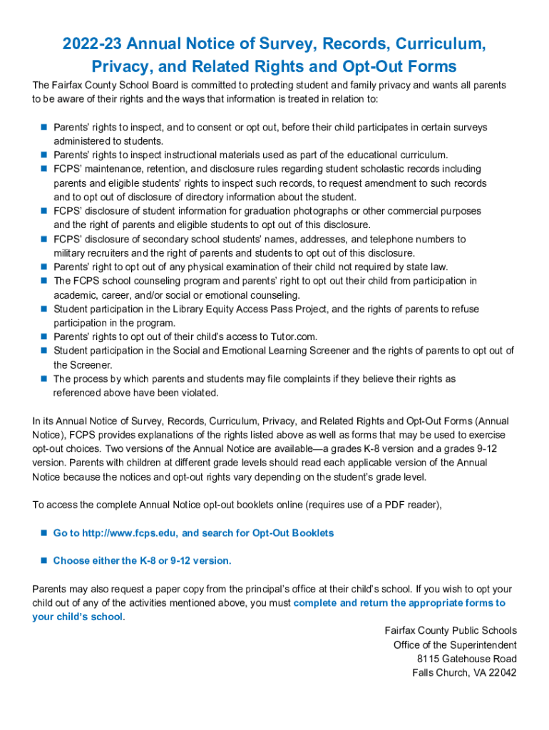 Fillable Online Annual Notice of Survey, Records, Curriculum, Privacy ...