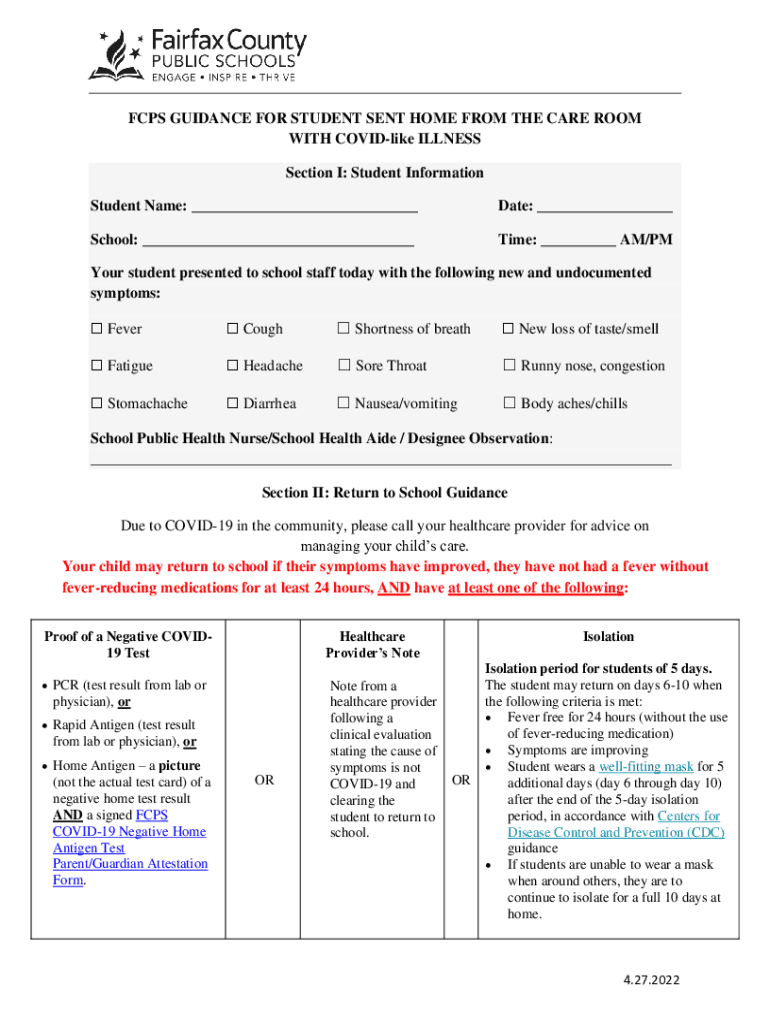 Fillable Online FCPS Guidance for Student Sent Home with COVID-like ...