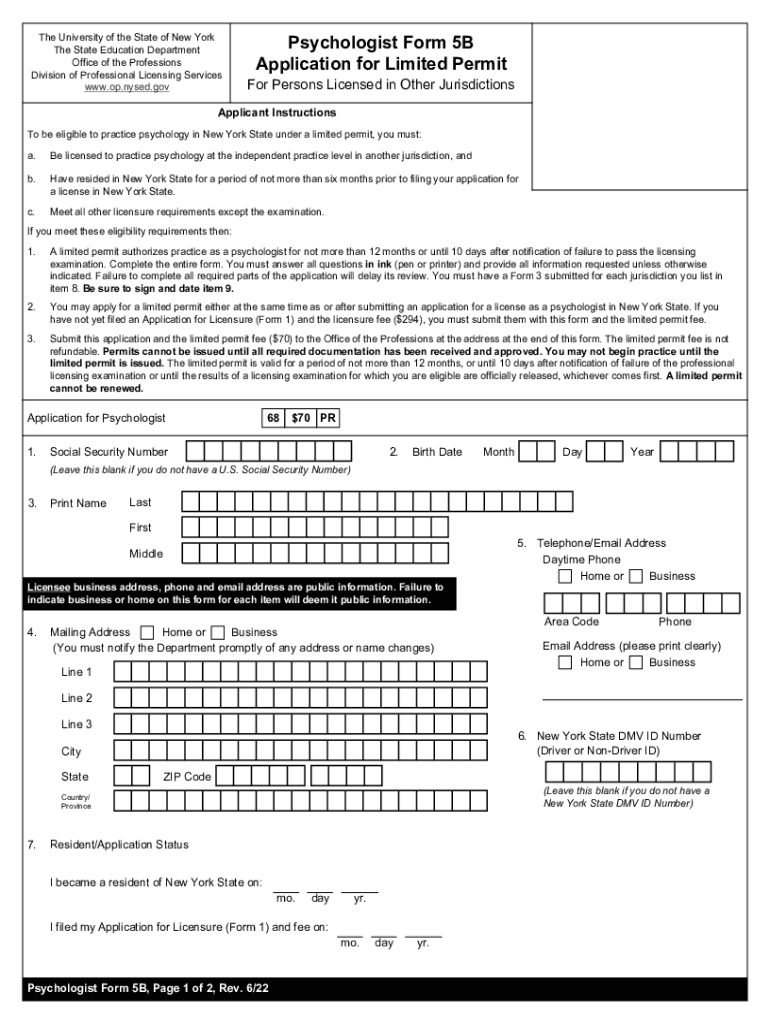 Fillable Online Form 5B: Application for a Limited Permit for ...