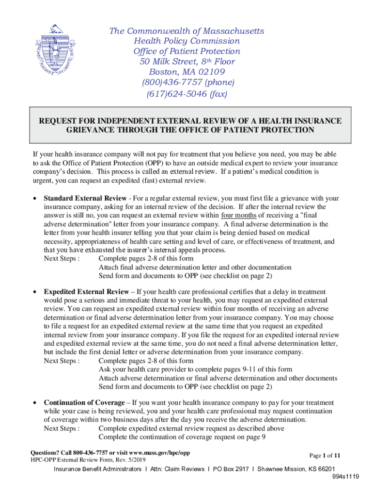 Fillable Online Health Insurance External Review Form PDF (English) Fax ...