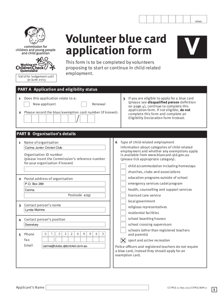 Fillable Online Volunteer blue card application form - Robertson State ...