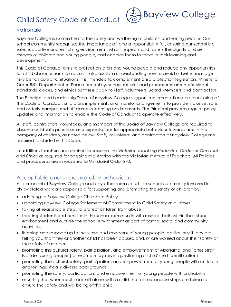 Fillable Online bayview vic edu Code of conduct: Child safe standards ...