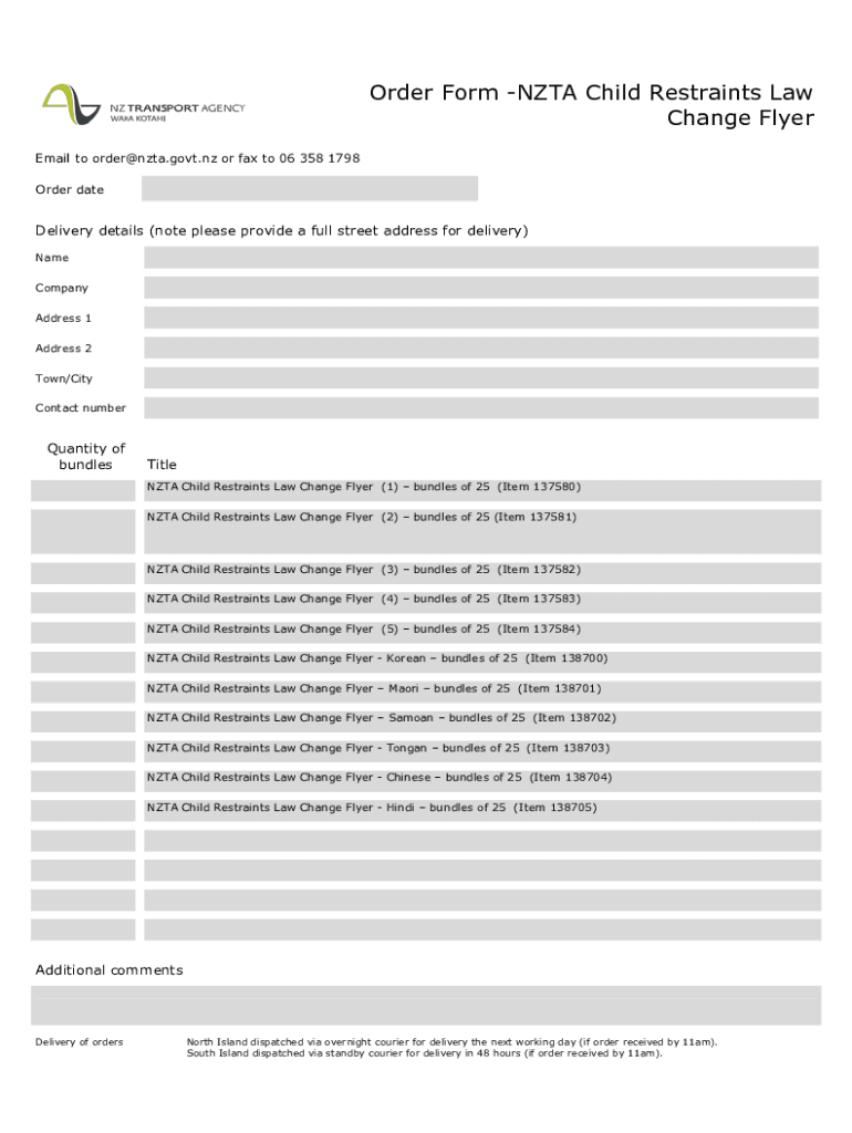 Fillable Online Order Form - NZTA Child Restraints Law Change Flyer.doc ...