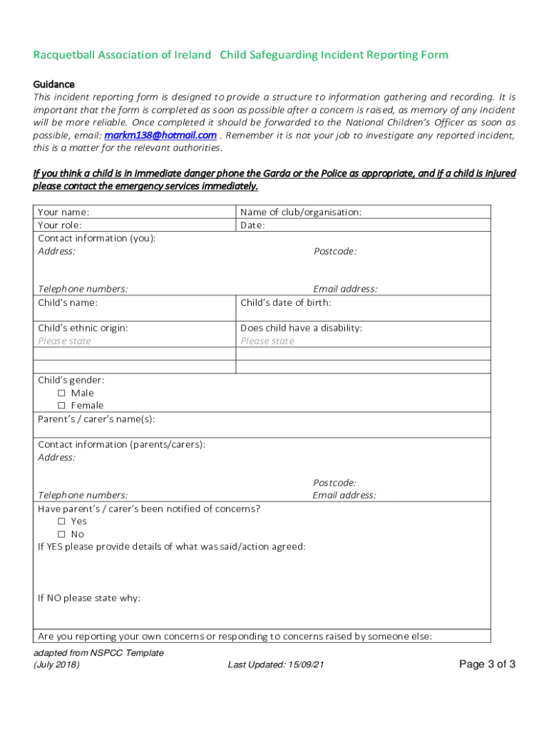 Fillable Online Incident reporting form for sports clubsCPSU Fax Email ...