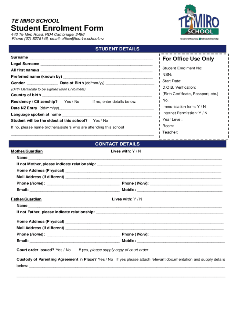 Fillable Online Student Enrolment Form - Squarespace Fax Email Print ...