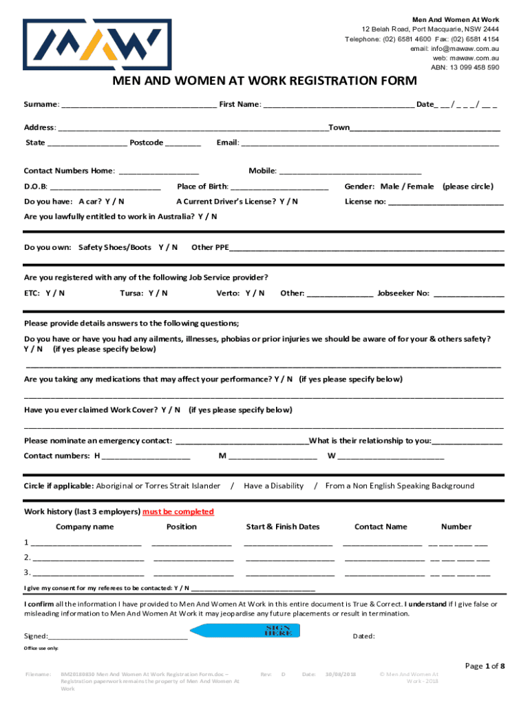 Fillable Online BM20180830 Men And Women At Work Registration Form.doc ...