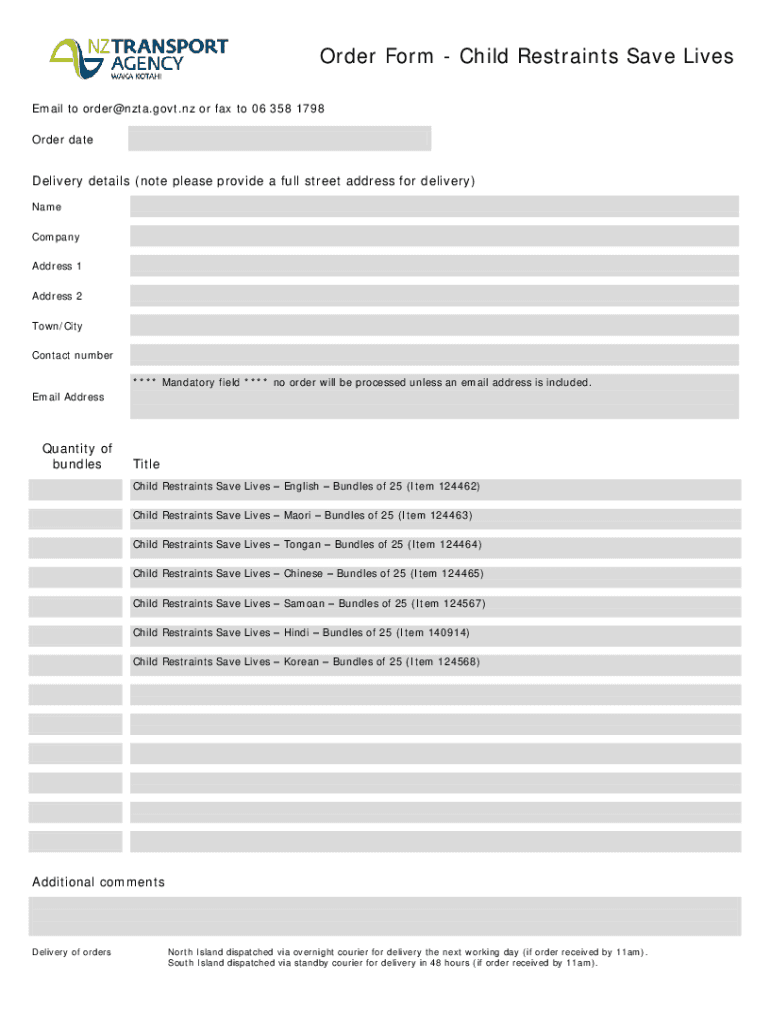 Fillable Online Order Form - Child Restraints Save Lives Fax Email ...