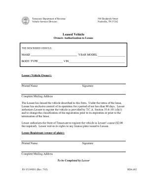 Fillable Online Leased Vehicle - Owner's Authorization to Lessee - TN ...